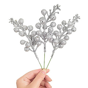 Lvydec 16pcs Christmas Glitter Berries Stems, 7.8" Artificial Christmas Picks for Christmas Tree Ornaments, DIY Xmas Wreath, Crafts, Holiday and Home Decor (Silver)