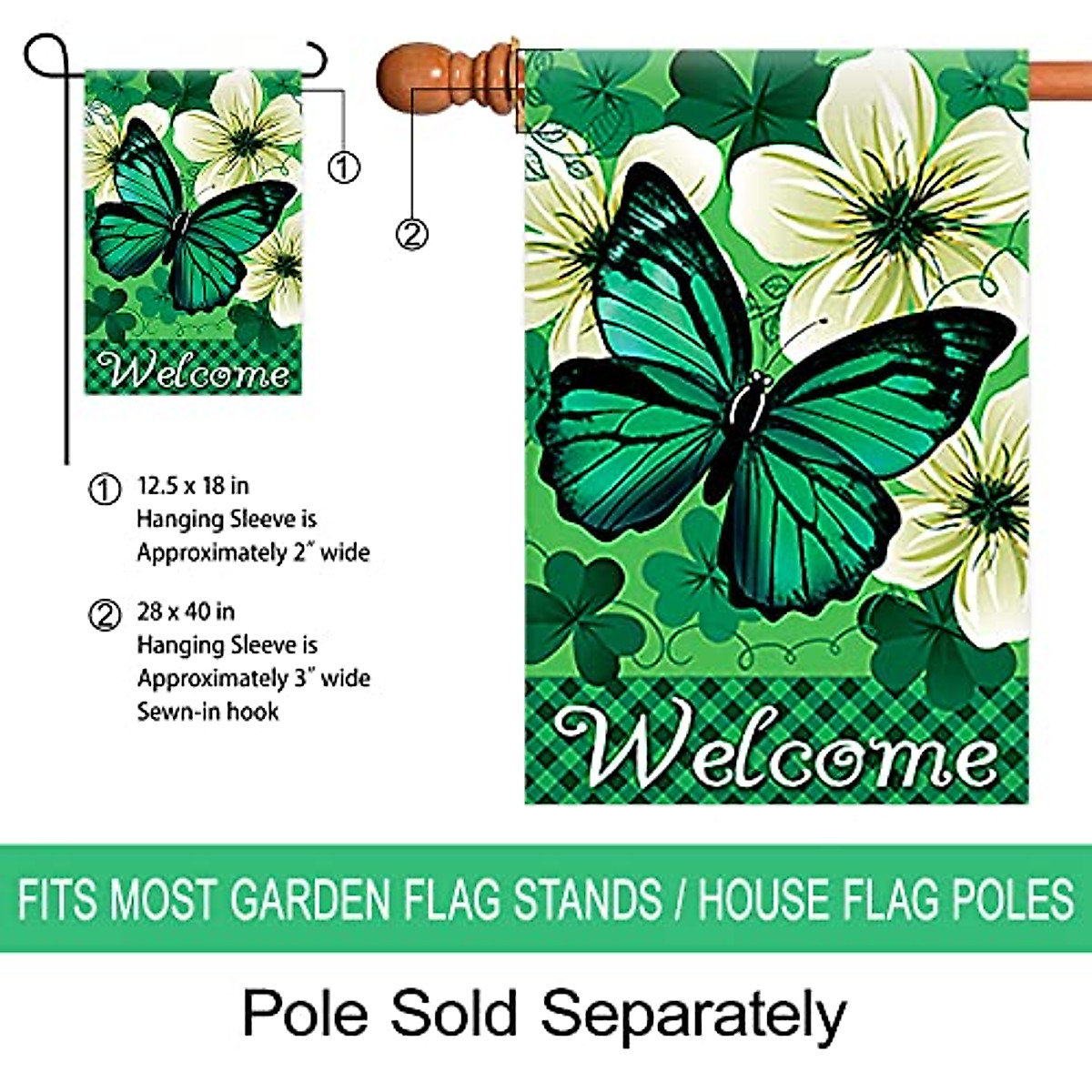 Morigins Welcome Clover Butterfly House Flag Decorative St.Patrick's Day Double Sided Flag 28 X 40 Inch