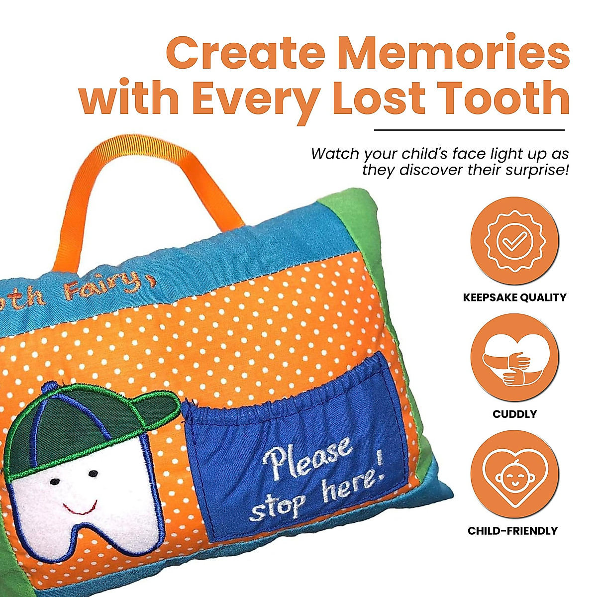 My Growing Season Blue Tooth Fairy Pillow Soft Blue Embroidered Pillow with Pocket for Boys | Felt Fabric Cloth Keepsake Tooth Holder