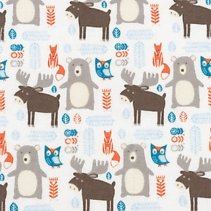 Scandi Forest Jumbo Deluxe Flannel Swaddle Blanket - Forest Animals Scatter Print Cotton Flannel, Gray, Brown, Blue, Orange and White, 48 in x 48 in