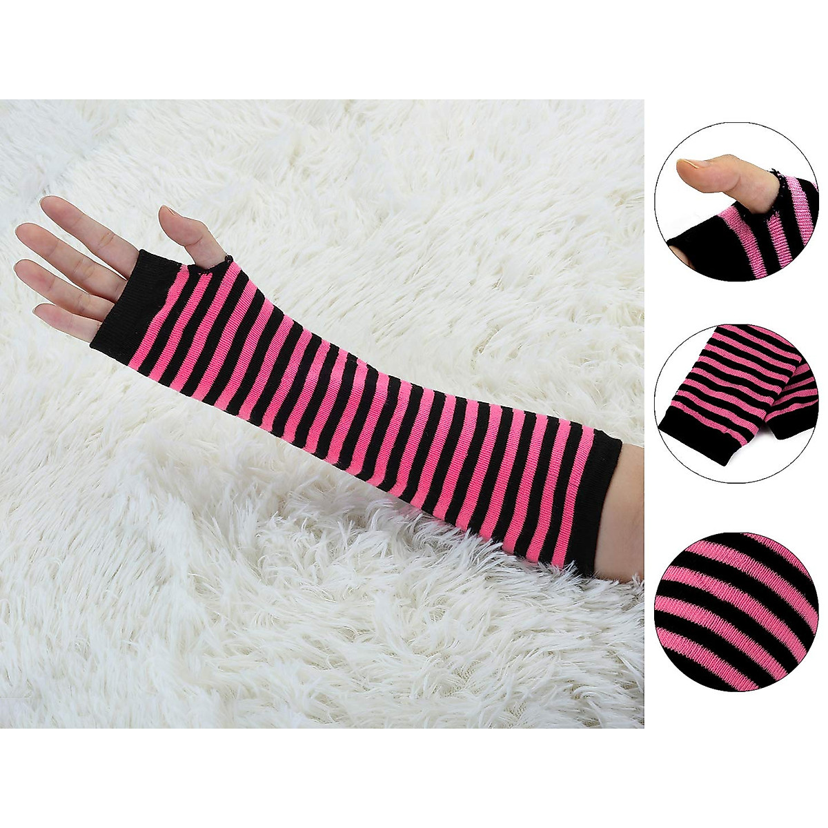 Allegra K Women's Fingerless Gloves Printed Elbow Length Knitted Arm Warmers One Size Black With Pink