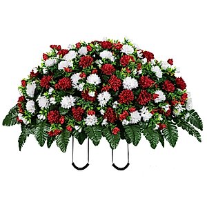 Sympathy Silks Artificial Cemetery Flowers - Grave Decorations Winter Memorial - Christmas Red and White Mums Saddle for Headstone