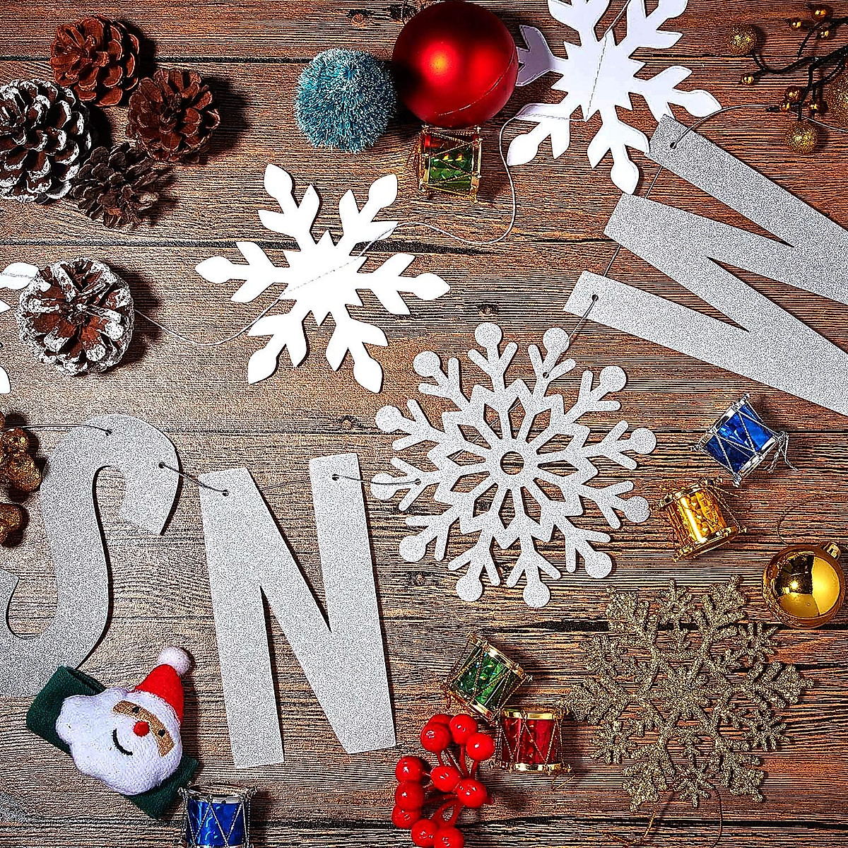 2 Pieces Let It Snow Banner, Glitter Winter Snowflake Banner and White Snowflake Hanging Garland Flag for Holiday Wall Decoration Christmas Party Supply