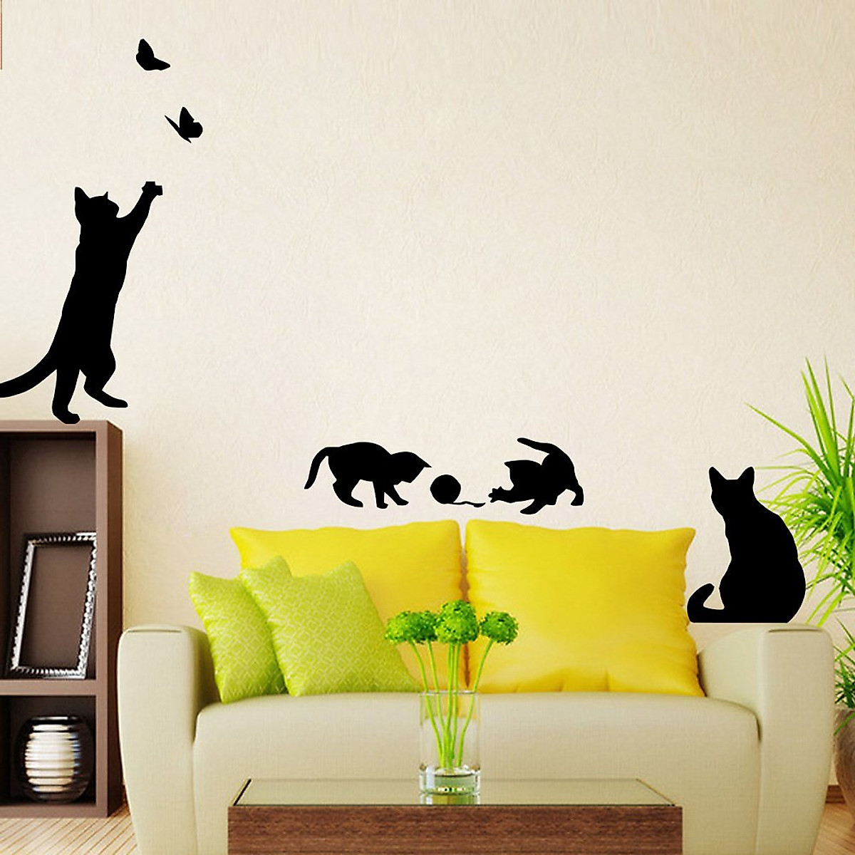 DNVEN Cats Decals Cats Playing Cathing Butterfly Silhouette Children Animals Kids Wall DIY Vinyl Removable Stickers Murals for Kids Rooms Children's Rooms Bedrooms Nursery 37 inches x 21 inches