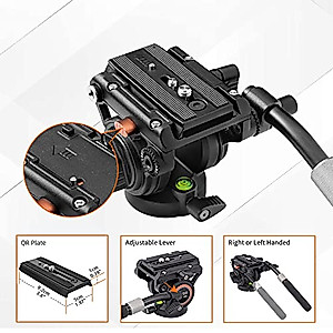 Cayer H6 Video Fluid Head, Camera Tripod Fluid Drag Pan Head with 60 mm Flate Base, 2-Section Pan Bar Handle, 1/4 and 3/8 Screws Sliding Plate for DSLR Cameras Video Camcorders, Max Loading 13.2LB