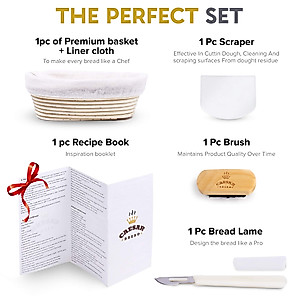 Banneton Bread Proofing Basket By Caesar Bread, 10 Inch Oval Sourdough Brotform For Rising Dough Set, Include Cloth Liner, Scraper, Bread Lame, Brush & Recipe Book For Beginners & Professional Bakers