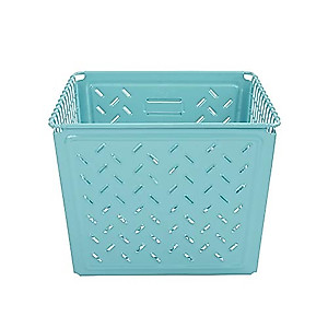 Spectrum Diversified Macklin, Stamped Steel & Wire Basket for Closet & Cubby Storage Vintage-Inspired Design with Customizable Label Plate, Large, Teal