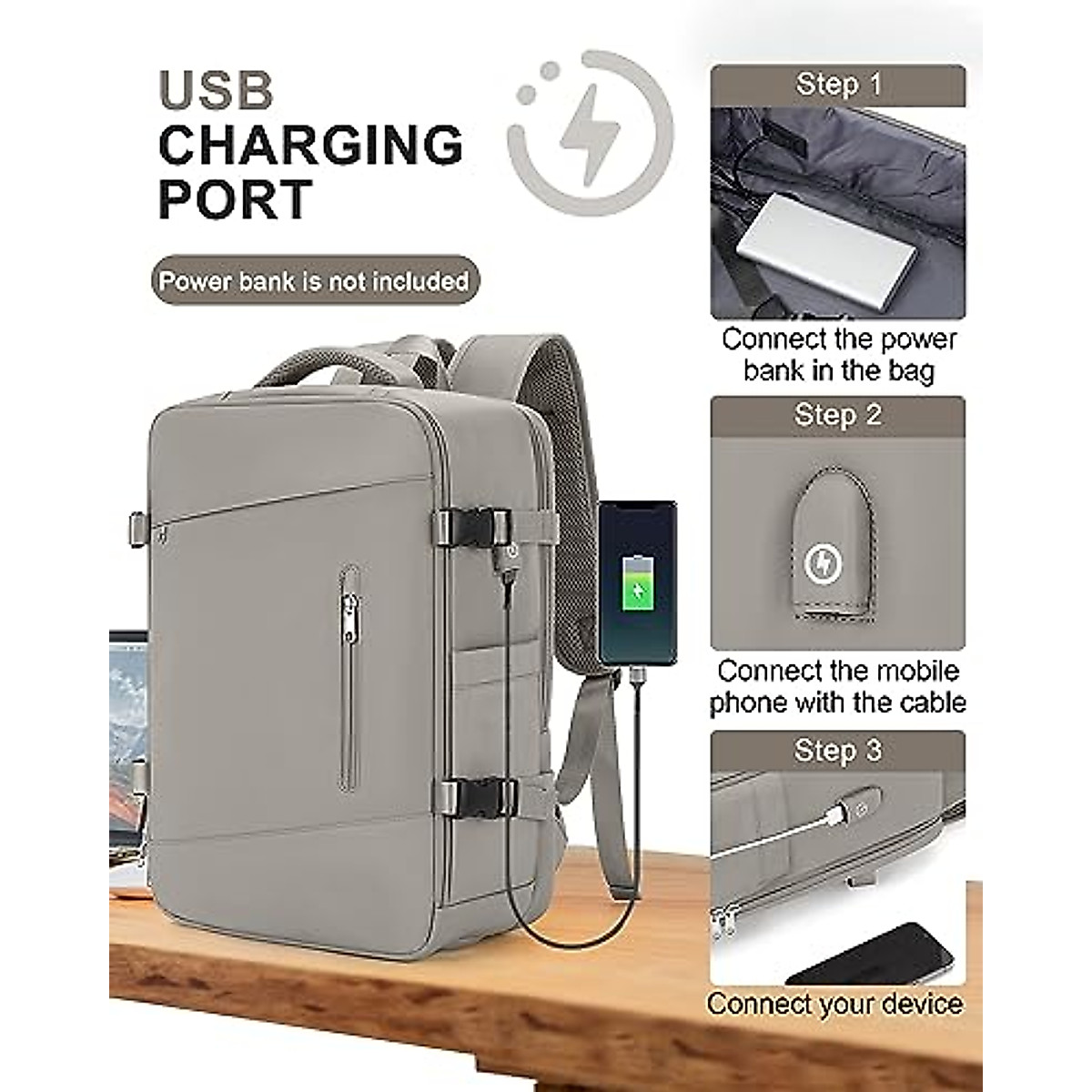 Large Travel Backpack for Women Carry On Airline Flight Approved Expandable Work Personal Item size Backpack Bag with Laptop compartment for College Men Waterproof Hiking Mochila de Viaje GreyBrown