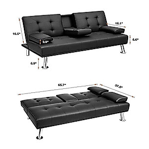 Flamaker Futon Sofa Bed Modern Faux Leather Couch, Convertible Folding Recliner Lounge Futon Couch for Living Room with 2 Cup Holders with Armrest