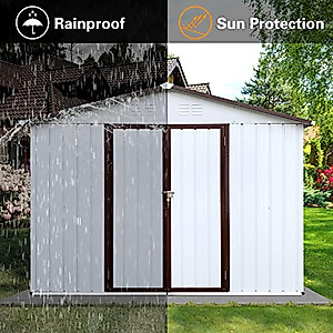 RITSU 6Ft x 8Ft Metal Sheds & Outdoor Storage Clearance, Outdoor Storage Cabinet with Lockable Double Doors & Shutter Vents for Backyard Patio Lawn, White+Coffee