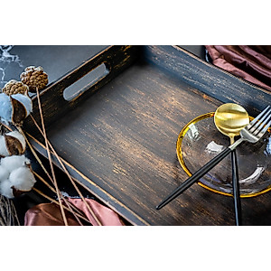 EZDC Wooden Tray, Coffee Table Tray, Ottoman Tray Dark Brown 16 x 12” Modern Aesthetic Decorative Serving Tray with Handles for Drinks and Food