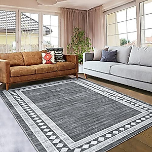 RUGSREAL Large Area Rug 9x12 Bordered Rug Indoor Outdoor Rug Solid Rug Soft Modern Geometric Boho Rug, Non-Slip Rugs for Living Room, Foldable Machine Washable Area Rug (9x12,Grey)