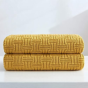 100% Cotton Navy Blue Cable Knit Throw Blanket with Bonus Laundering Bag - Large Thick, 2.5 Pounds,Extra Cozy, Machine Washable, Comfortable Home Decor (Mustard Yellow Stripe Pattern, 60"x80")