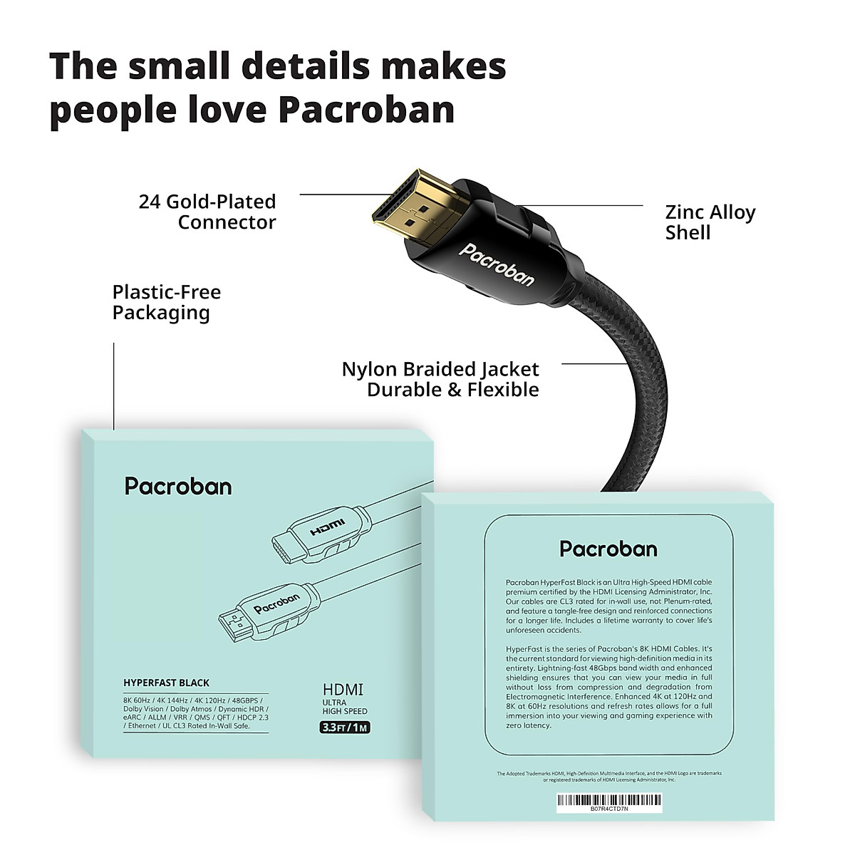 Pacroban 8K HDMI Cable 2.1, 48Gbps Ultra High Speed HDMI Cord, 4K@120Hz, ARC, eARC, Dolby Atmos, HDCP 2.3, HDR, Available in 3FT, 6FT, 10FT, 13FT, 16FT, 25FT, 30FT, 50FT, 75FT (3FT Black)