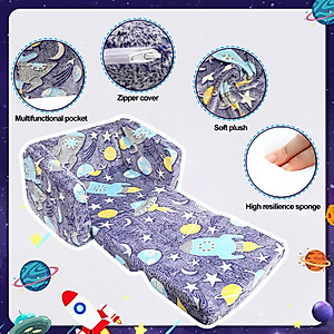 Kirumie Kids Couch Glow in The Dark, Toddler Couches That Fold Out, 2-in-1 Convertible Sofa to Lounger, Soft Kids Sofa with Blanket, Toddler Chair Comfy Sofa for Baby Boys Girls, Space & Blue