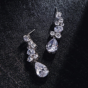Bridal Earrings for Wedding Silver - 14k Plated Sterling Silver Teardrop CZ Cubic Zirconia Crystal Rhinestone Floarl Leaf Cluster Long Fashion Statement Costume Earrings for Wedding Party Prom