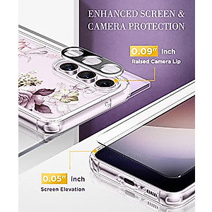 GVIEWIN Compatible with Samsung Galaxy S23 Plus Case with Screen Protector+Camera Lens Protector, Slim Shockproof Clear Floral Pattern Phone Protective Cover for Women 6.6" (Cherry Blossoms/Purple)