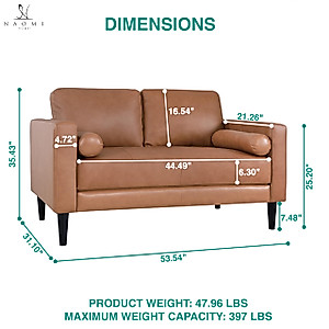 Naomi Home Marisa Genuine Mid-Century Leather Loveseat, Mid-Century Sleeper Loveseat, Tan Leather Couch,for Living Room, Bedroom, and More