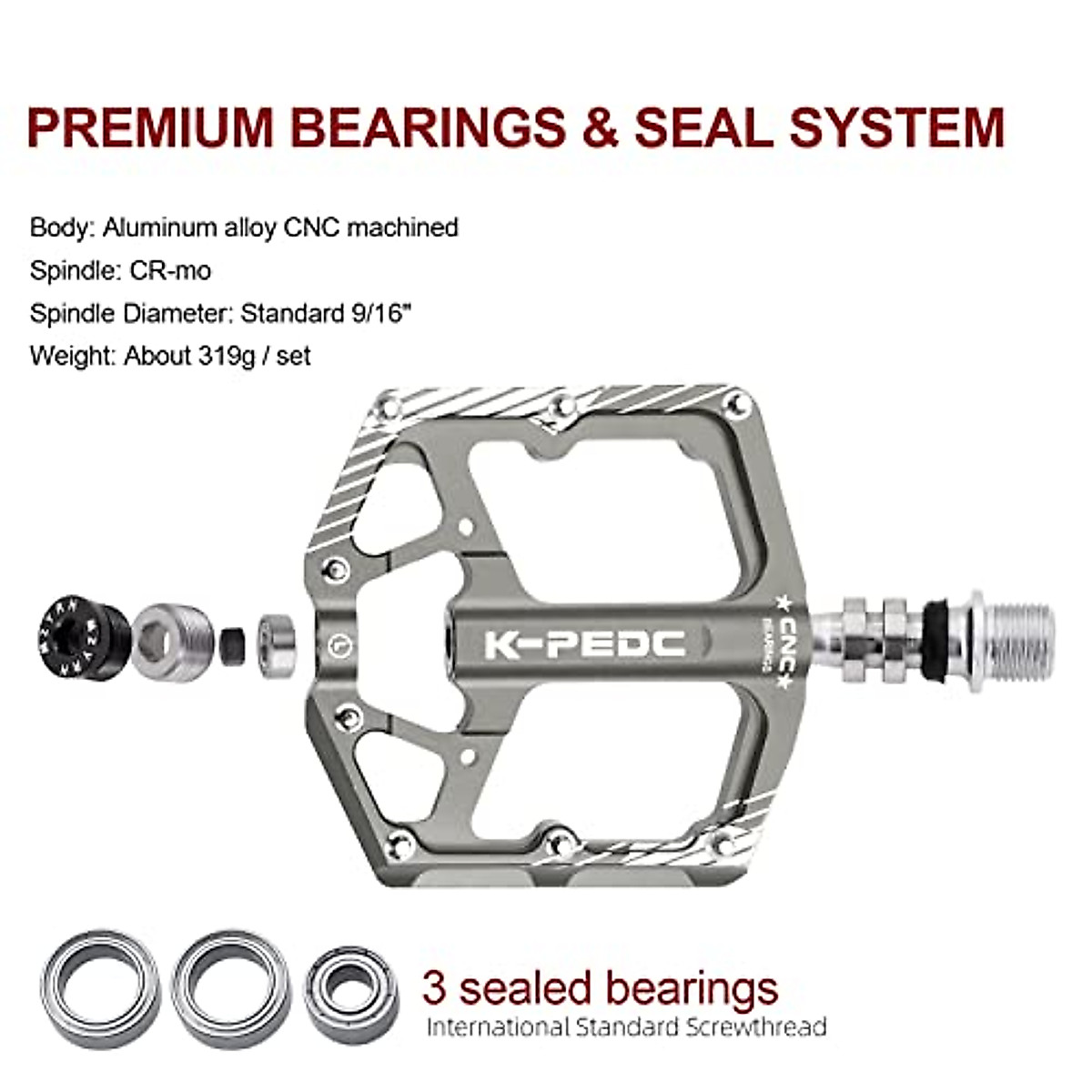 K PEDC Bike Pedal Aluminum Alloy 9/16" Bike Pedal MTB Wide Platform Flat Non-Slip Bicycle Pedals with 3 Bearings for Mountain Bikes, Road, BMX (TI 3bearings)