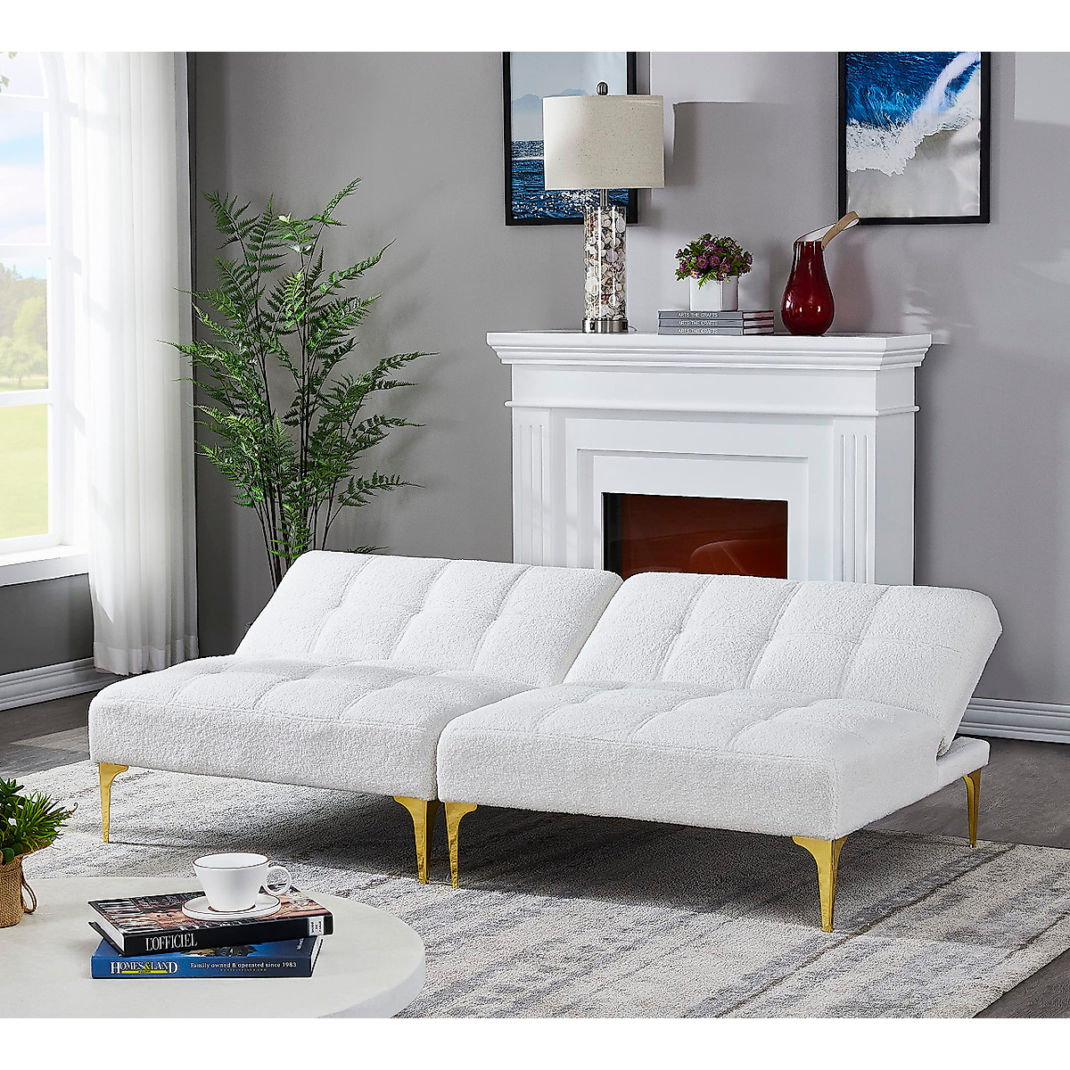 TZXTW Convertible Sofa Bed,Modern Couch Sleeper with Gold Metal Legs and Two Throw Pillows,Double Folding Futon Sofa,Loveseat,Small Couches for Small Spaces,Living Room,Bedroom,Apartment,Office,White