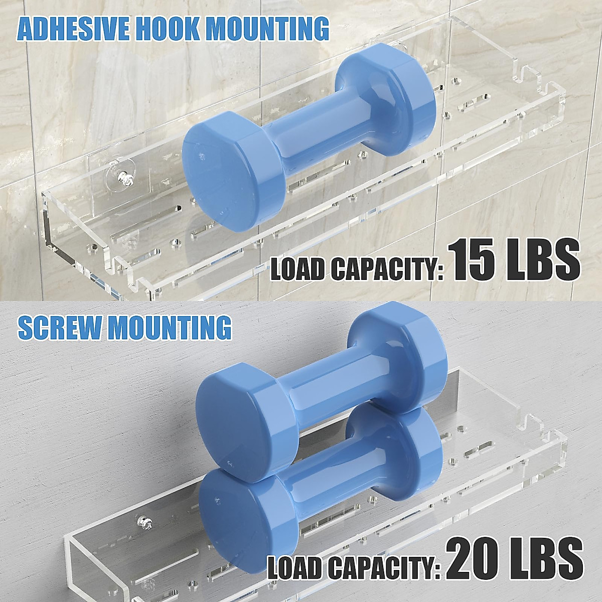 NiHome Clear Acrylic Shower Shelves 2-Pack, Stick On Shower Shelf with Hooks & Mounting Accessories, Clear Shower Caddy, Self Adhesive Shower Shelves for Bathroom, Kitchen, Bedroom - Superior Drainage