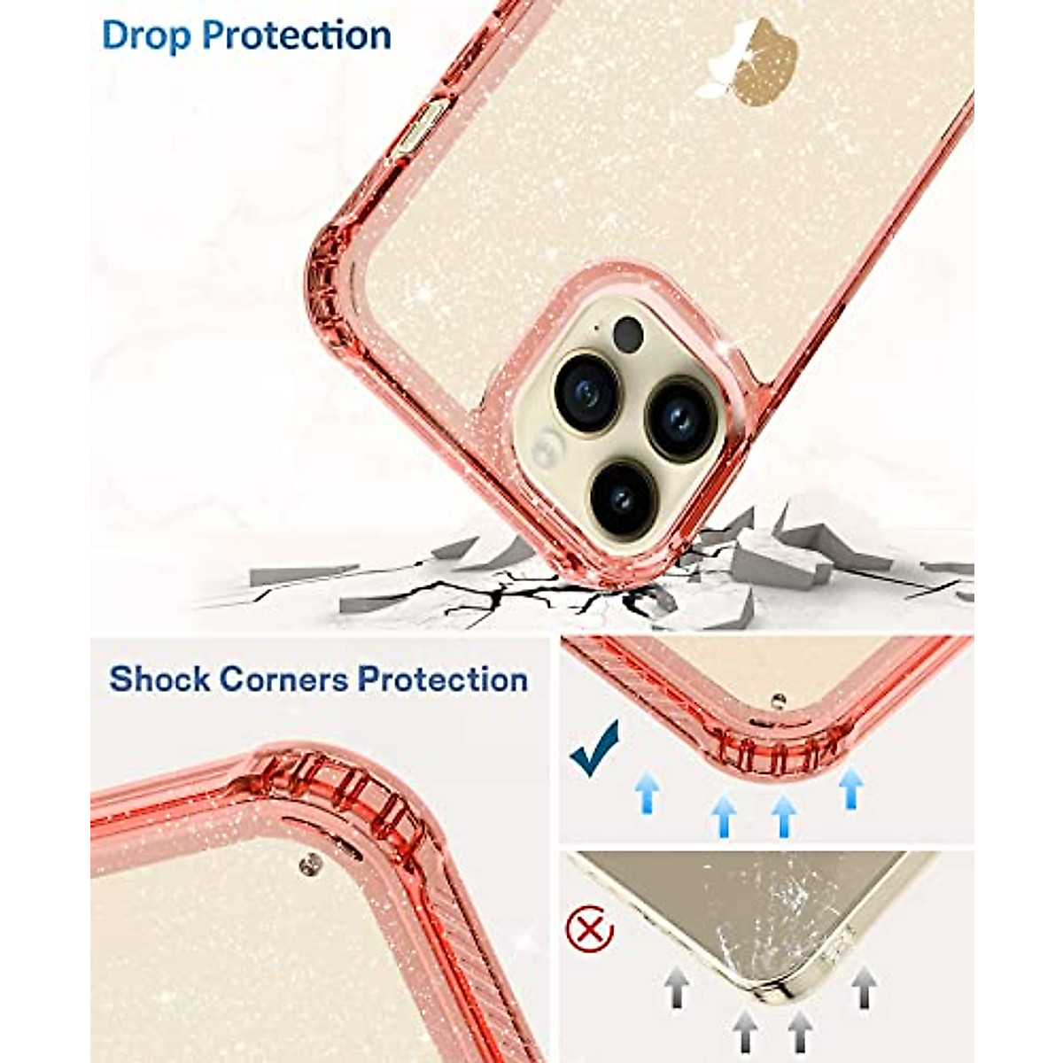 MIODIK for iPhone 14 Pro Max Case Clear Glitter, with Screen Protector + Camera Protector, [Military-Grade Protective] [Non-Yellowing] Slim Shockproof Women Cute Bumper Cover 6.7" 2022 (Sparkle Pink)