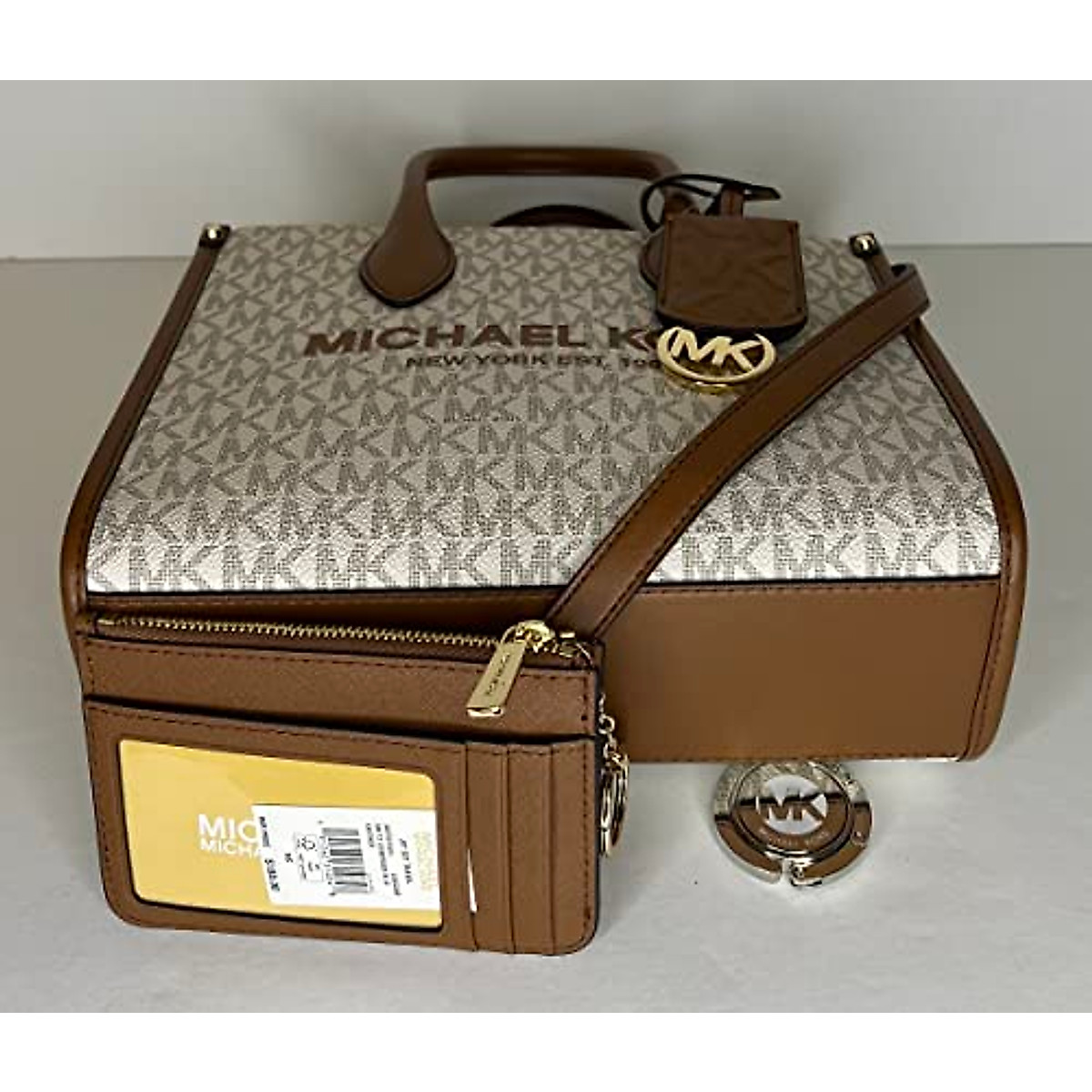 Michael Kors Mirella Small Shopper Top Zip Bag bundled SM TZ Coinpouch Purse Hook (Vanilla/Luggage)