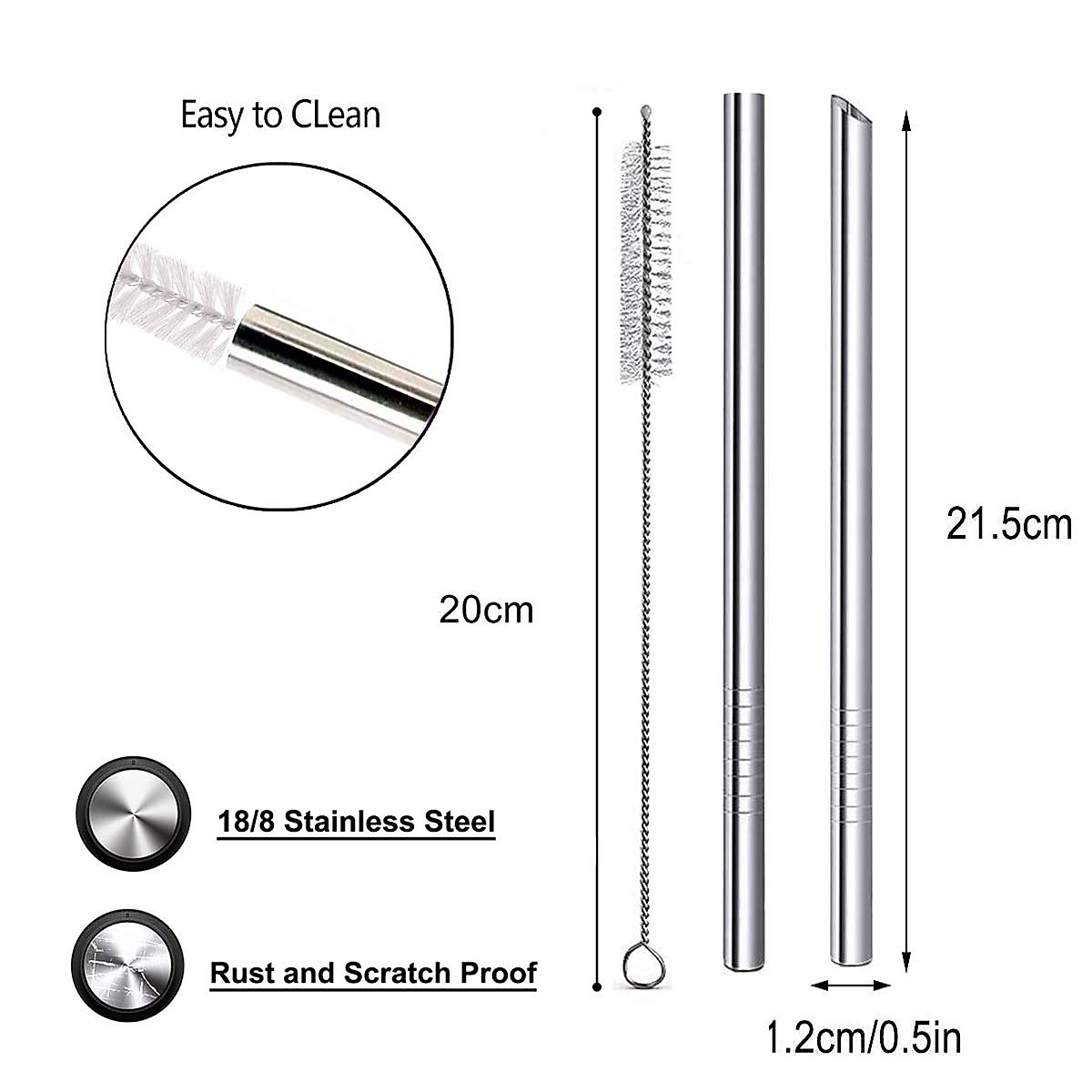 NEWORLD Reusable Stainless Steel Wide Boba Drinking Straws Fat Straws Smoothie/Bubble Tea/Milkshakes Straws with 2 Cleaning Brush & Carry Bag 12mm/0.5" Wide