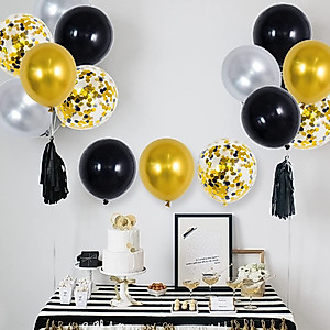 BEISHIDA 60pcs 12 Inch Black Gold Confetti Balloons, Matte Black Latex Helium Balloons Metallic Gold and Silver Balloons For Birthday Wedding Engagement Graduation Bridal Shower Decorations