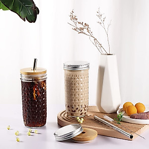 ASANMEYO 2 Pcs Glass Cups Set - 24oz Mason Jar Drinking Glasses with Bamboo Lids & Straws & 2 Airtight Lids, Cute Reusable Smoothie cup, Iced Coffee Glasses, Travel Tumbler for Bubble Tea, Juice
