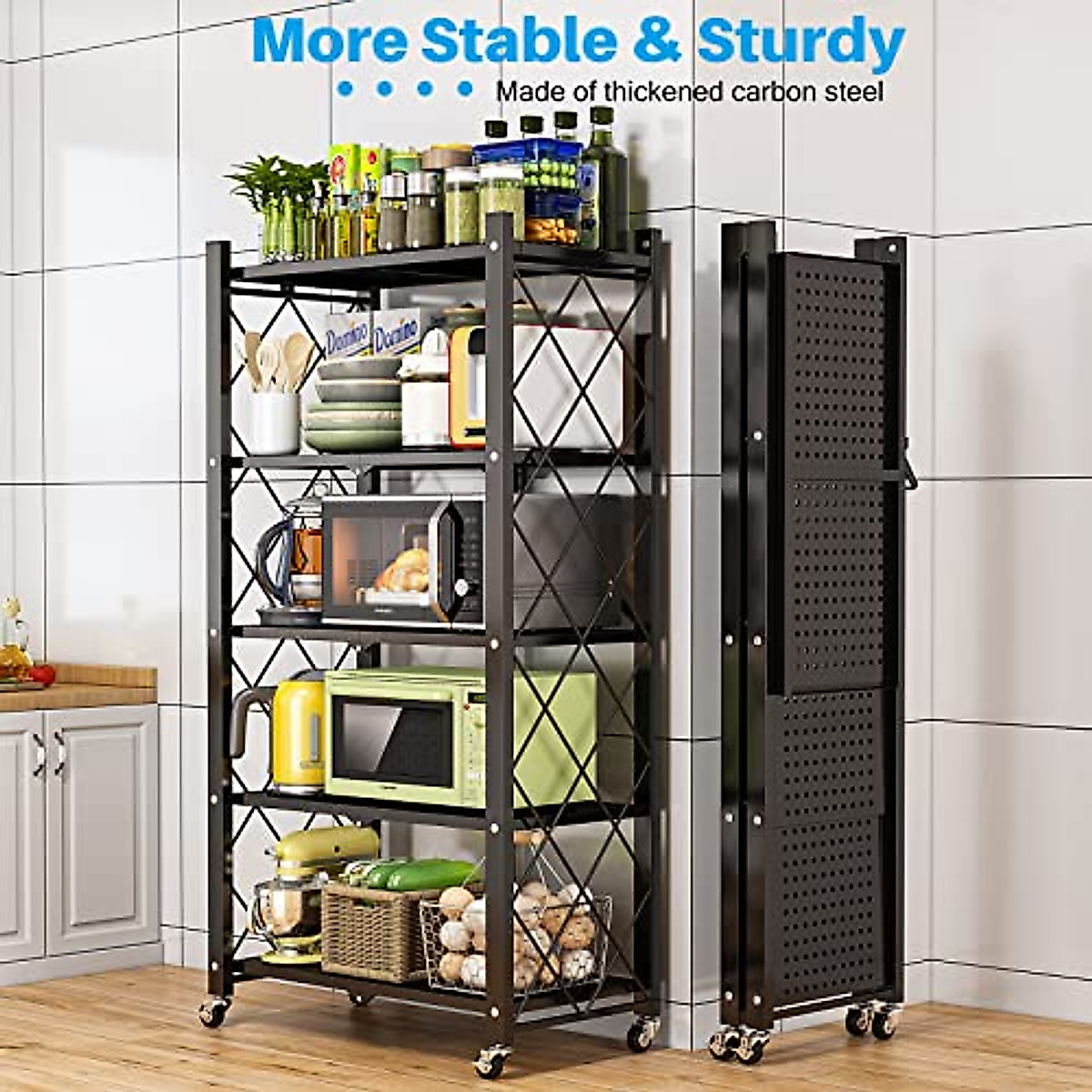 YKLSLH 5-Tier Collapsible Shelves Heavy Duty Folding Shelves Storage Rack with Wheels Portable Storage Shelving Unit for Garage Kitchen Holds up to 1250 lbs Capacity, Black