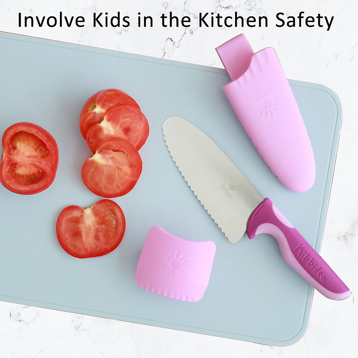 Kids Knife for Real Cooking, Montessori Children's Knife with Firm Grip, Stainless Steel Kids Safety Chef Knife with Finger Guard, Round Tip, Serrated Edges, BPA-Free (Purple)