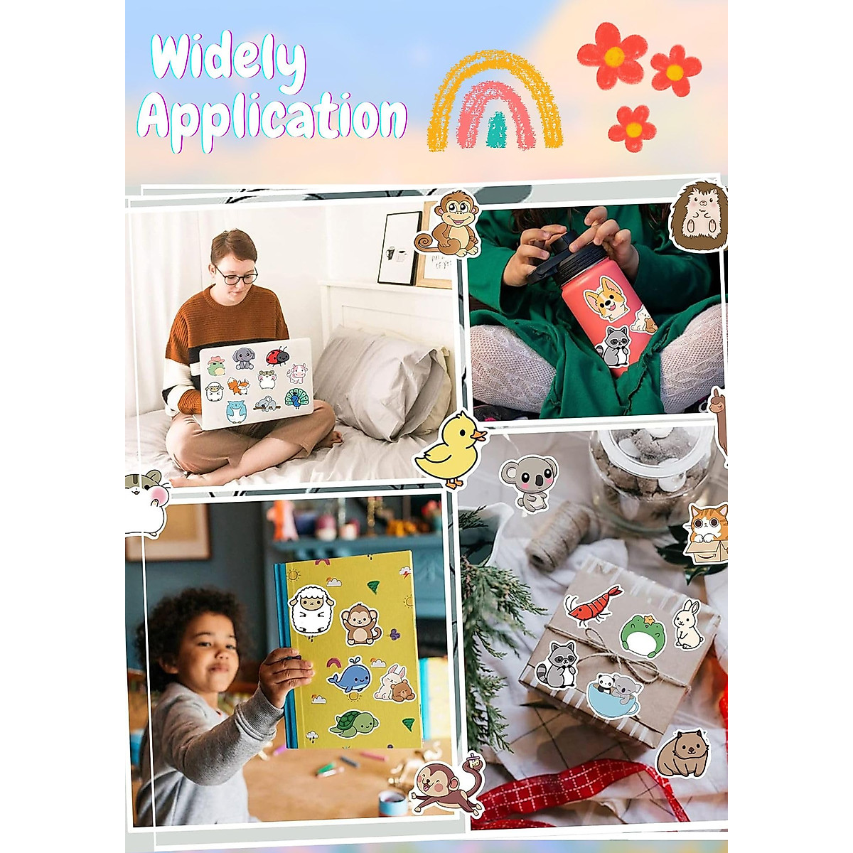 100pcs Cute Animal Stickers for Water Bottle， Waterproof Vinyl Kawaii Stickers for Laptop Phone Skateboard, Cute Animal Decals Christmas Gifts for Kids Teens Girls Boys