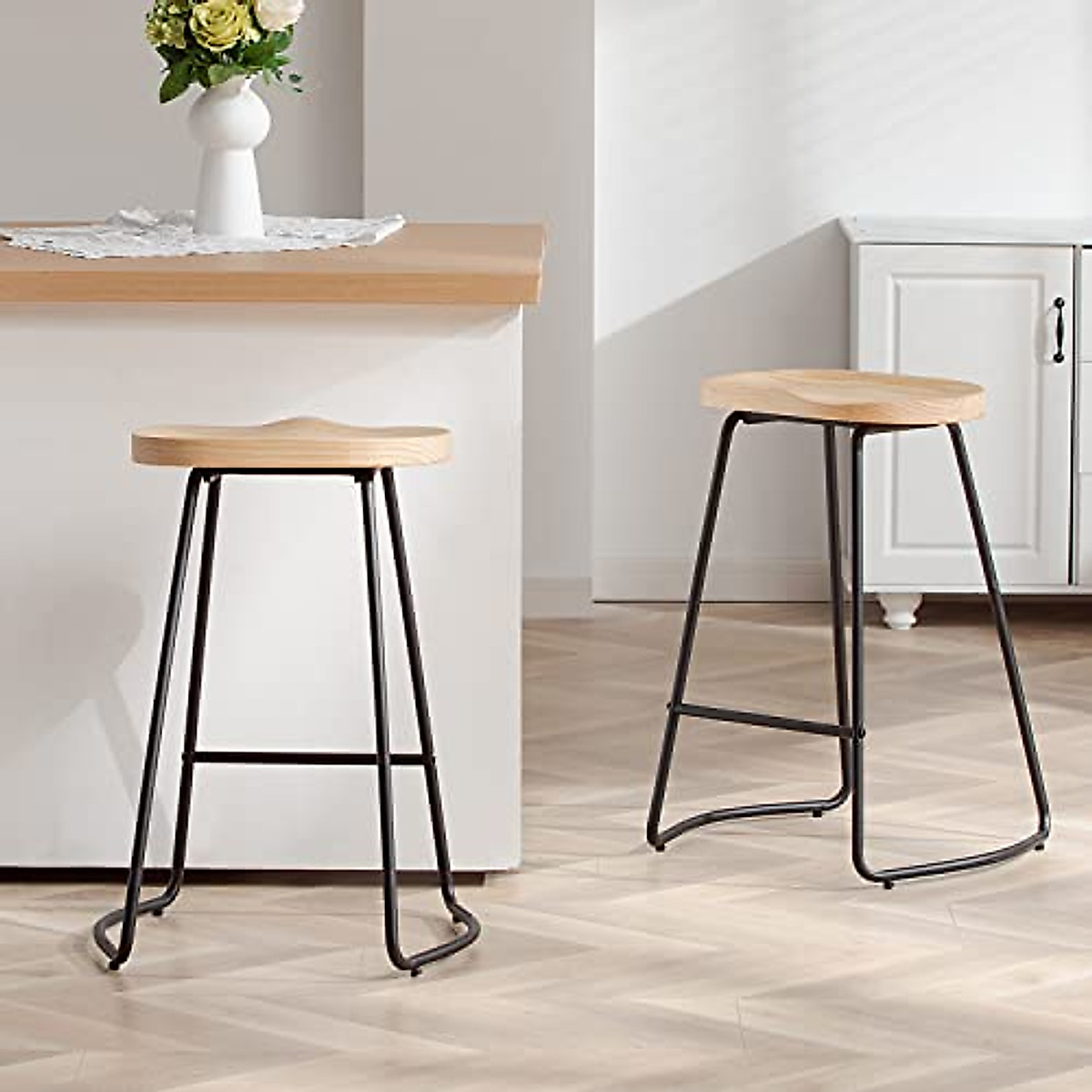 HeuGah Bar Stools, Solid Wood Barstools Set of 2, 26" Counter Height Bar Stools with Metal Leg,Rustic Backless Bar Stools for Kitchen Island,Bar Chairs with Solid Wood Saddle Seat (Burlywood, 26 Inch)