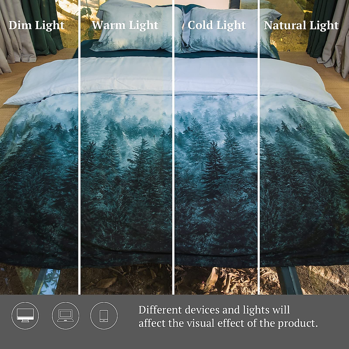 MILDLY 100% Long Staple Cotton Mountain Duvet Cover Set, Blue Green Gradient Trees Pattern Printed Comforter Cover Set