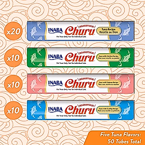 INABA Churu Cat Treats, Grain-Free, Lickable, Squeezable Creamy Purée Cat Treat/Topper with Vitamin E & Taurine, 0.5 Ounces Each Tube, 50 Tubes, Tuna Variety