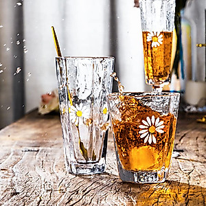 Caalio Drinking Glass Highball Glass Cups Daisy Flower, Hexagonal Cup Diamond Shaped Cocktail, Beer, Water, Wine, Juice, Tea, 11oz
