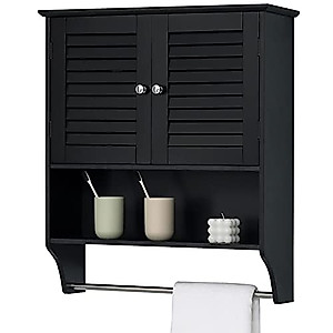 WEENFON Bathroom Wall Cabinet, Medicine Cabinet with 2 Shutter Doors & 2 Shelves, Bathroom Cabinet Wall Mounted with 1 Towels Rack, Over The Toilet Storage Cabinet, Black