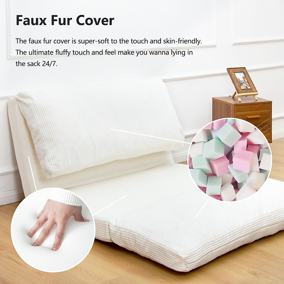 N&V Folding Matress Sofa Bean Bag Bed, Foam Filling Folding Matress Sofa, includes Removable and Machine Washable Cover, Soft Premium Corduroy (Medium, Ivory)