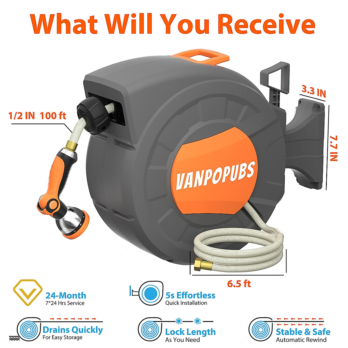 Vanpopubs Retractable Garden Hose Reel,1/2 in x 100 ft Hose Reel Auto Rewind, Any Length Lock/Wall Mounted/180°Swivel Bracket,with 10 Function Sprayer Nozzle