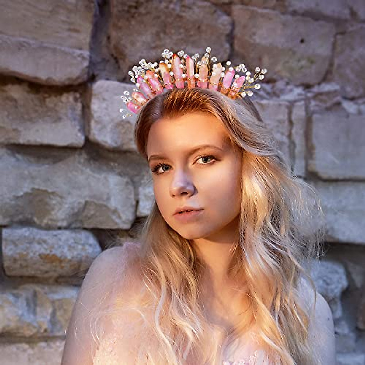 COSUCOS Raw Quartz Crystal Crown - Mermaid Crown Fairy Pink Headwear Goddess Headpiece Handmade Tiara Women Headband for Women Wedding Birthday Party Photography Costume Renaissance Faire