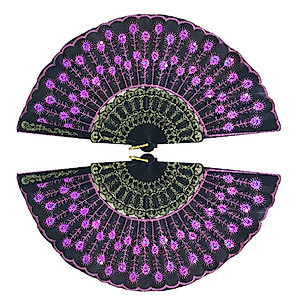 DECHOUS 2pcs Embroidered Sequin Fan Dancing Fans Hand Fans for Women Foldable Fan Sequin Fabric Hand Fan Embroidered Sequin Handheld Fan Folding Fan Vintage Miss The Fabric Purple