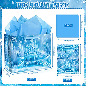 Large Frozen Gift Bag Snowflake Winter Birthday Favors Bags with Greeting Card and Tissue Paper Frozen Snowflake Castle Wrapping Paper Bags for Kids Girls Boys Birthday Party Decorations Supplies