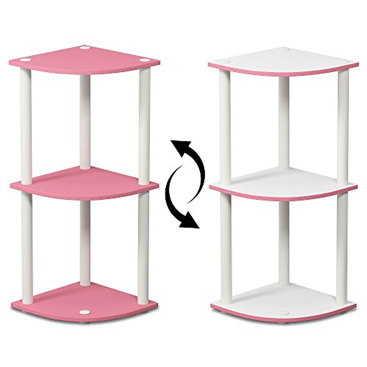 Furinno Turn-N-Tube 3-Tier Reversible Corner Display Rack Multipurpose Shelving Unit, Pink/White & Turn-N-Tube 3-Tier Compact Multipurpose Shelf Display Rack, Pink/White