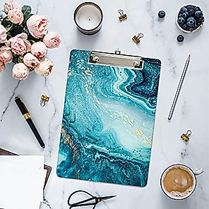 Hongri Plastic Clipboard, Standard A4 Letter Size Clip Board for Students, Teacher, Kids, Low Profile Clip, Decorative Clipboards, Cute Clip Boards Custom Pattern, School Supplies，Teal Marble