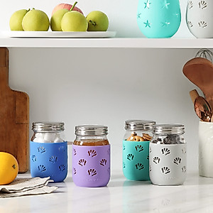 16 OZ Mason Jars with Protective Silicone Sleeve, Mason Cups Drinking Glass with Straws and 8PCS Stainless Steel Lids - BPA Free (4COLOR ASST Shell)