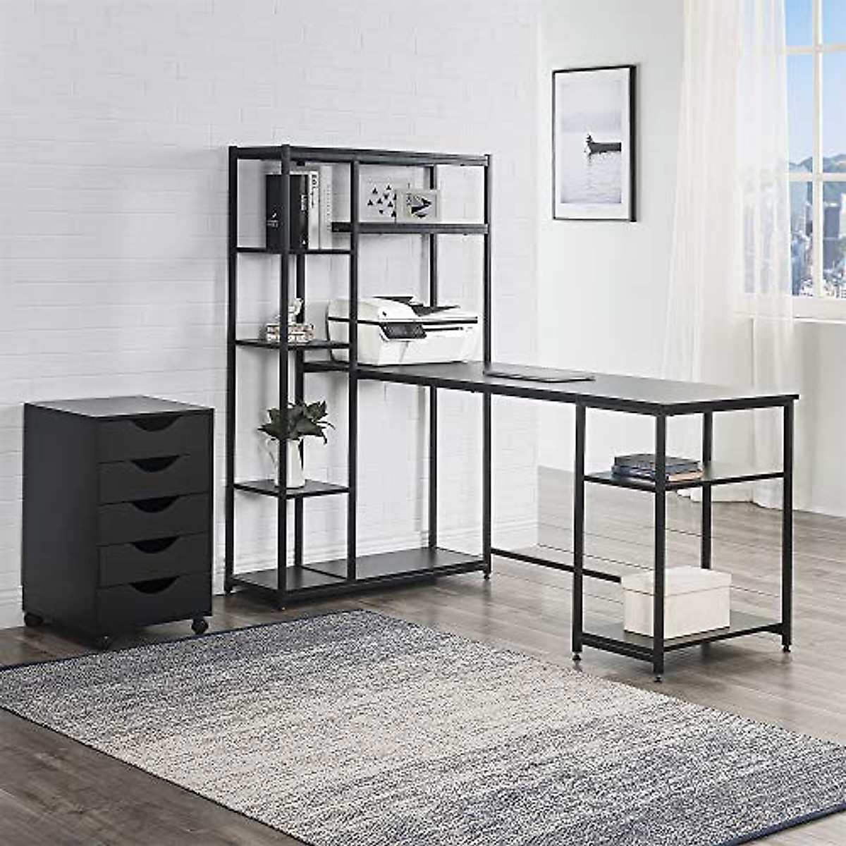 Modern Luxe L-Shaped Corner with Bookshelf 2-Pieces Computer PC Table Set Home Office Desk with Shelves, Black