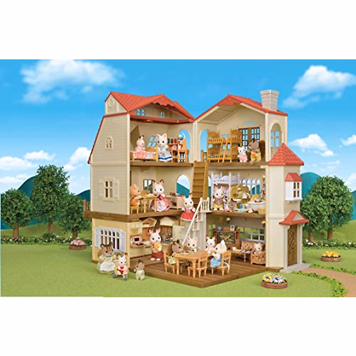 Calico Critters Red Roof Grand Mansion Gift Set, Dollhouse Playset with 3 Figures, Furniture, Vehicle and Accessories