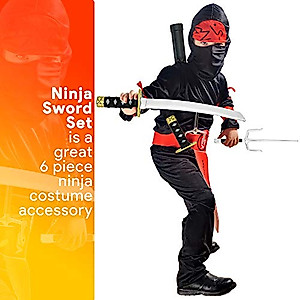 Skeleteen Ninja Sword Toy Set - Fighting Warrior Costume Set with Katana Swords, Sai Daggers, and Shuriken Stars - 6 Pieces