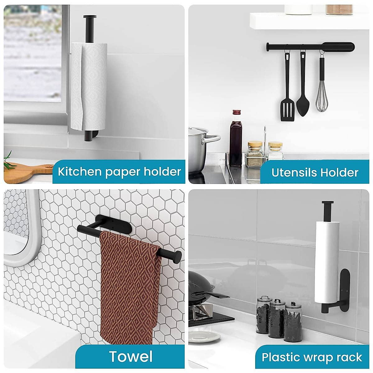 Paper Towel Holder Under Cabinet, Kitchen Paper Towel Holder Wall Mount, Self Adhesive Paper Towel Roll Holder SUS304 Stainless Steel Paper Towel Bar Paper Towel Rack - Black